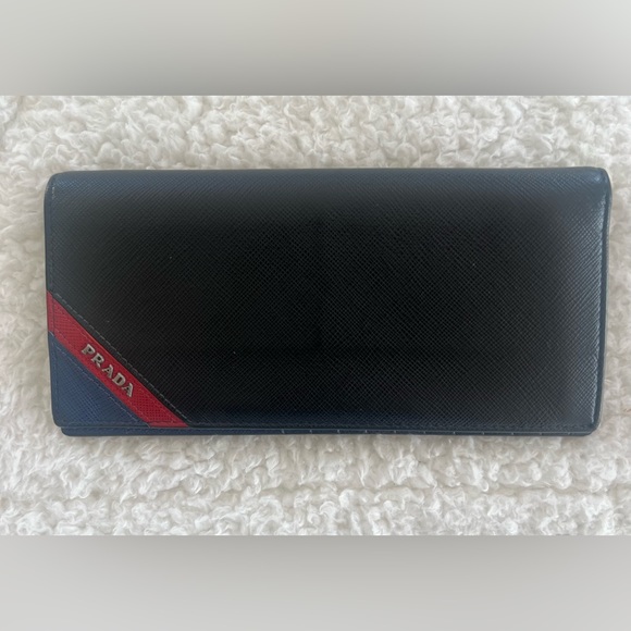 Prada | Bags | Auth Euc Prada Leather Long Wallet Black W Blue Interior ...